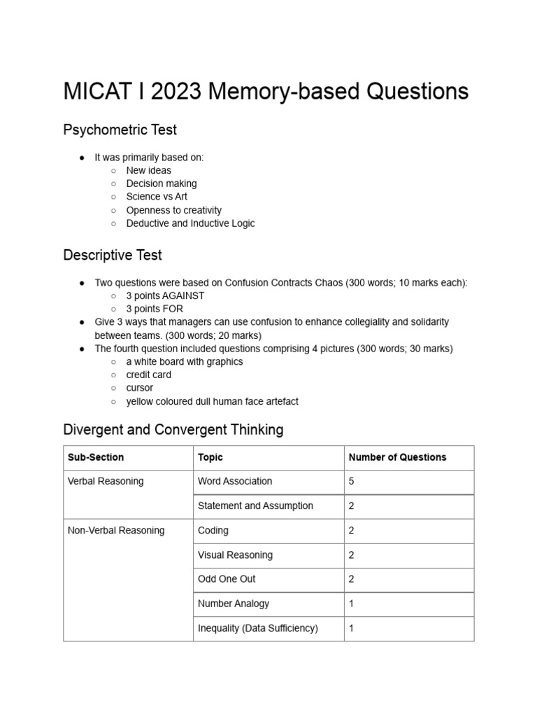 MICAT I 2023 Memory-Based Questions | PDF | Cognition | Cognitive Science