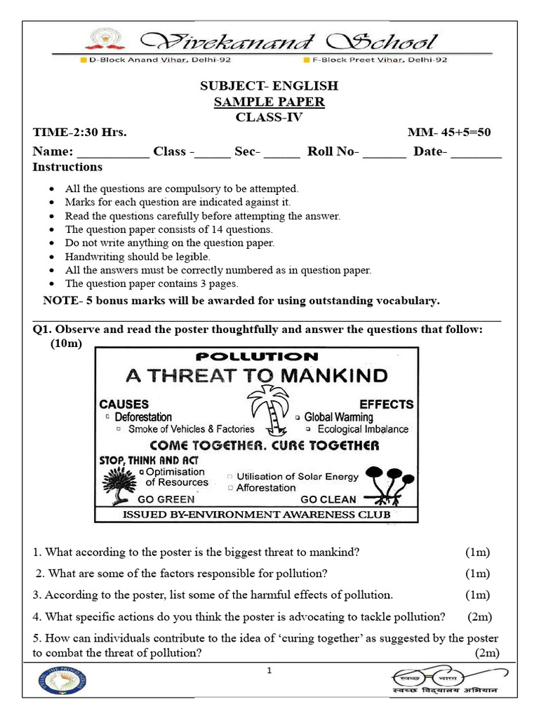Class 4 English Sample Paper 20240124143649153 | PDF | Linguistics