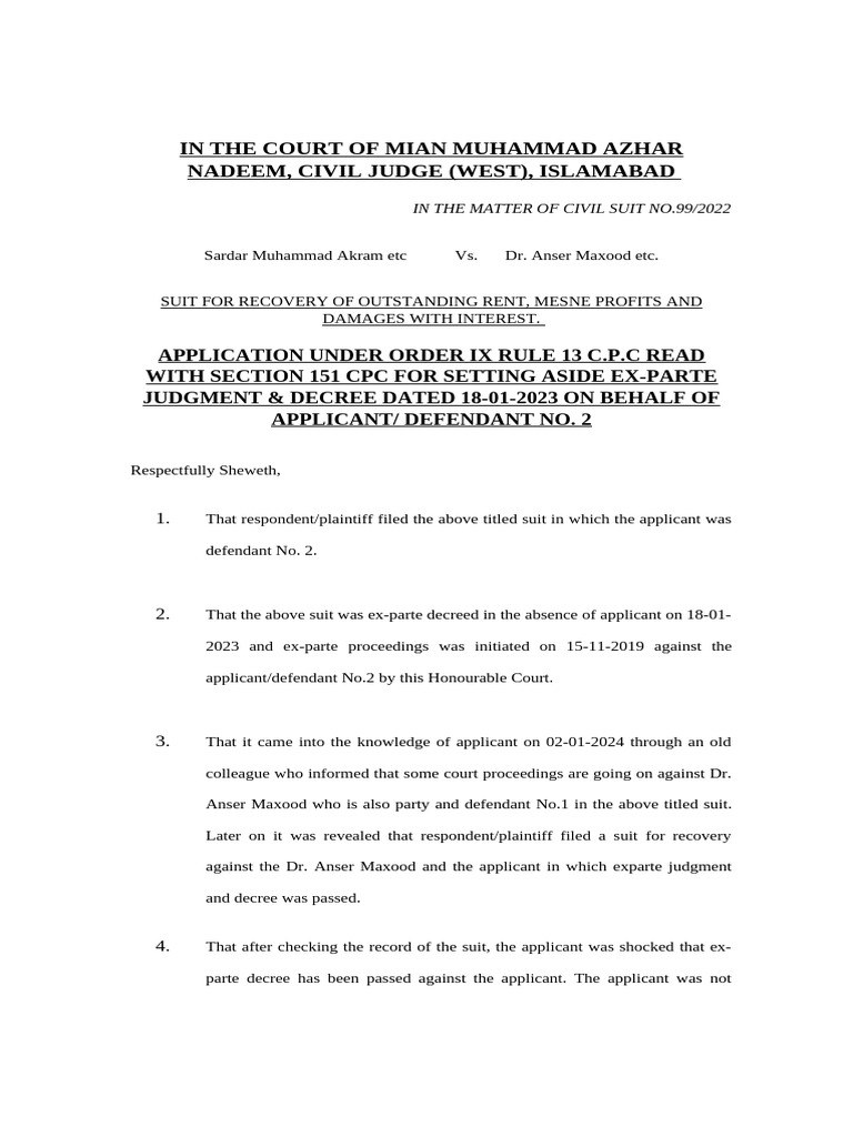 dr saeed setting aside exparte judgment and decree application | PDF ...