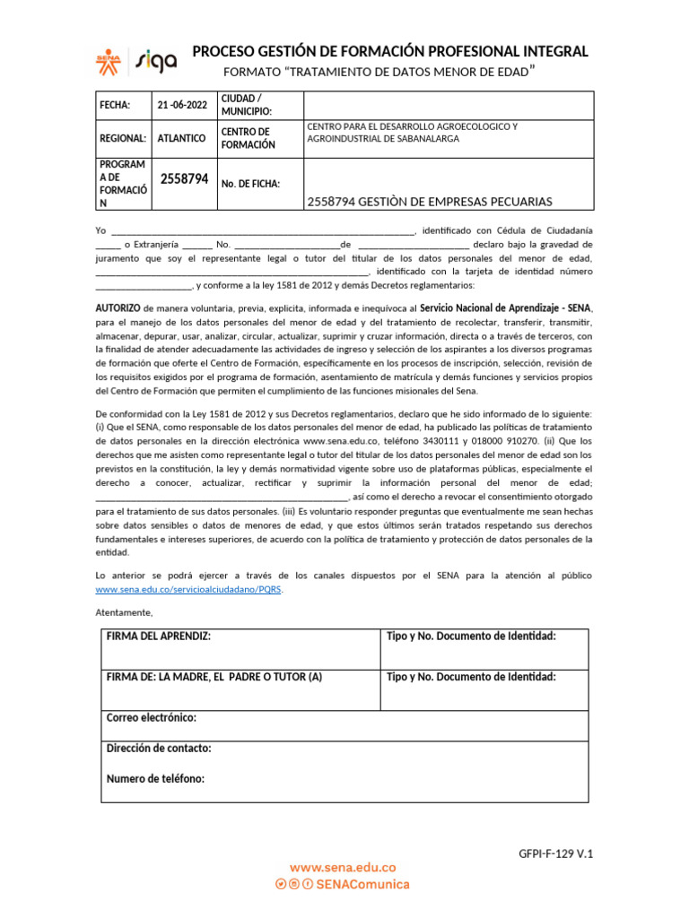GFPI-F-129 Formato Tratamiento de Datos Menor de Edad | PDF
