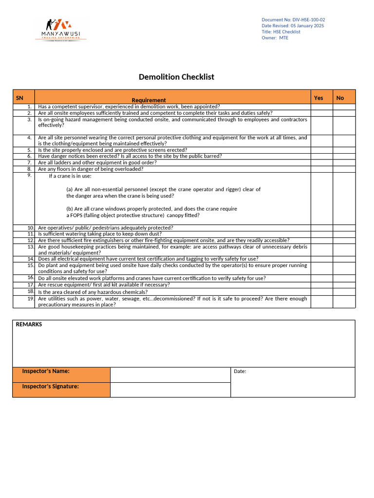 2. Demolition-Checklist | PDF | Demolition | Firefighting