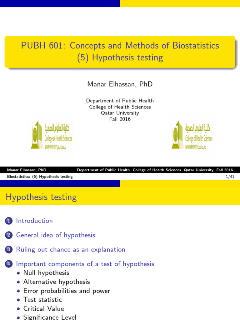 MPH Biostatistics Lecture 5 - 2016 | PDF | P Value | Statistical Significance
