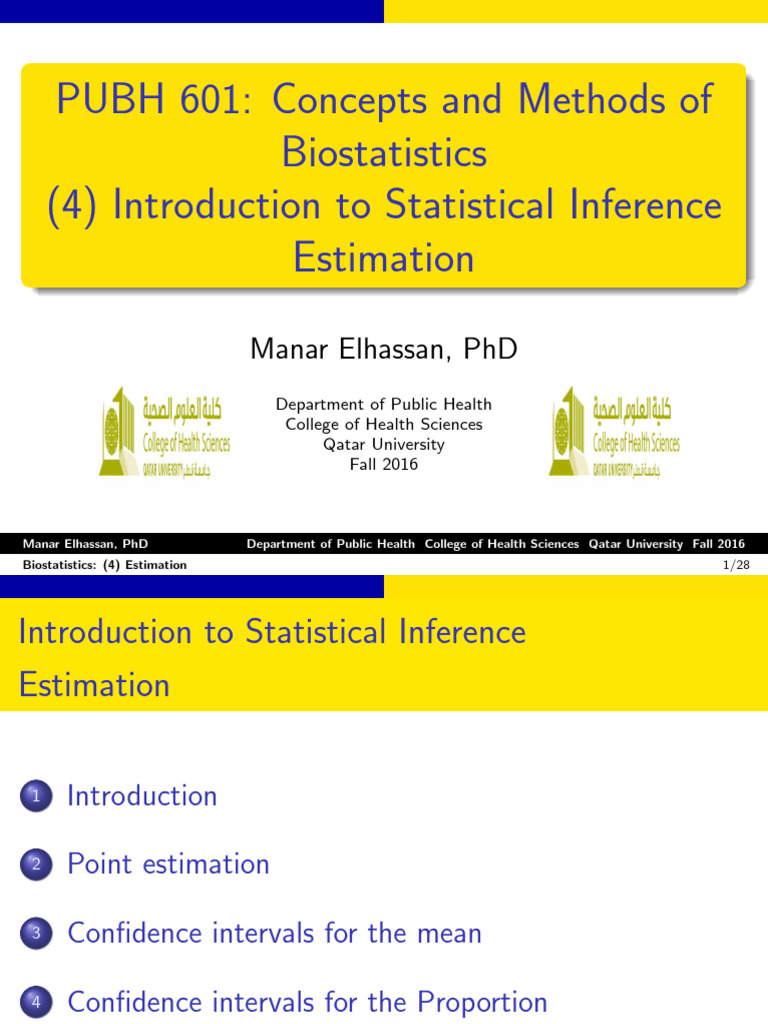 MPH Biostatistics lecture 4_2016 | PDF | Statistics | Estimation Theory