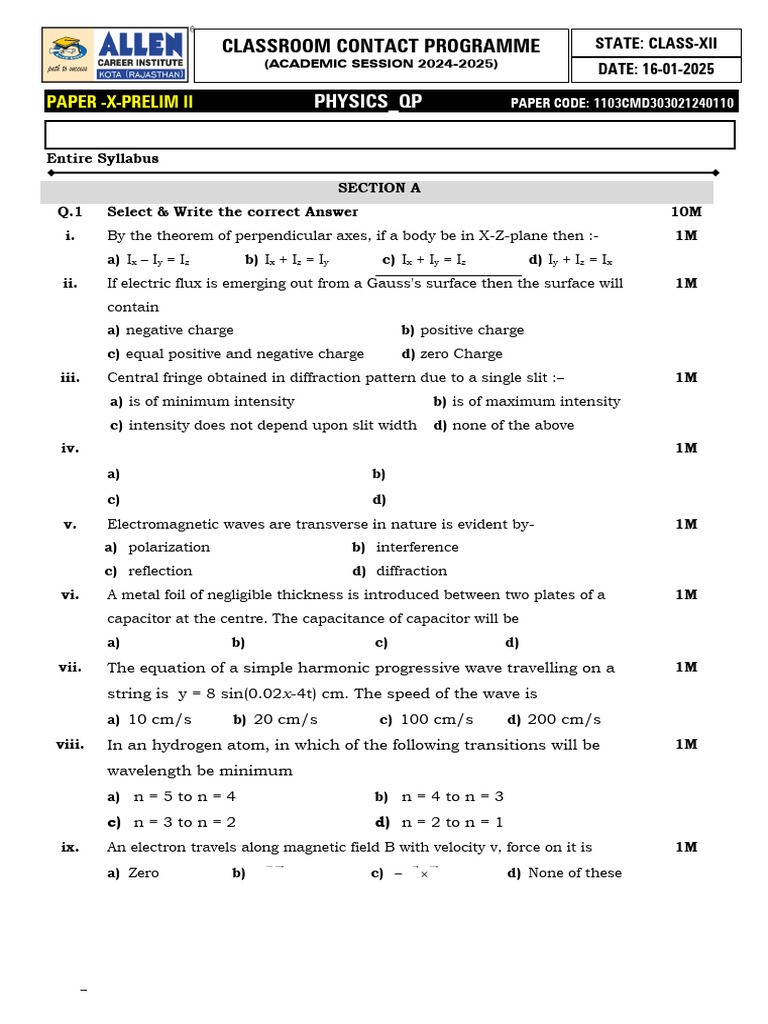 Enthuse-State Prelim R II-paper-x - Physics QP - 16!01!2025 | PDF ...