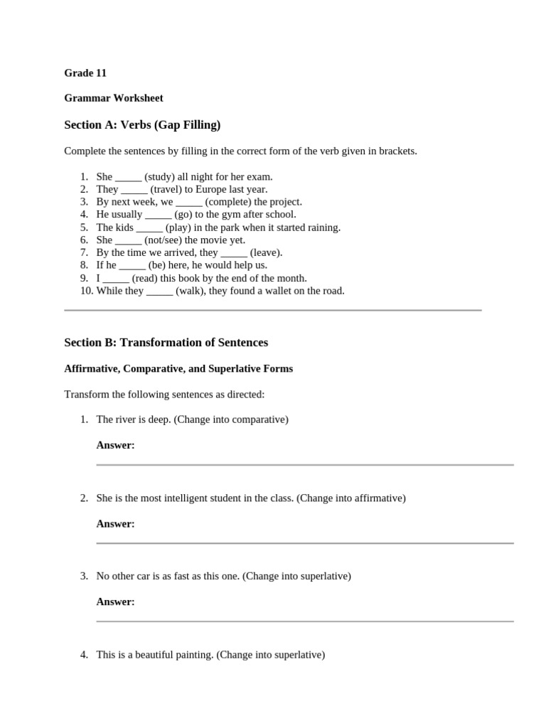 Grade 11 Grammar Worksheet | PDF | Linguistic Morphology | Language Mechanics