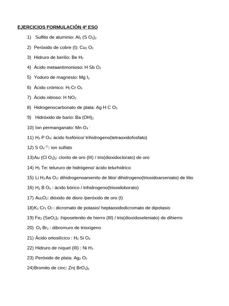 Soluciones Ejercicios Formulación Química Inorgánica 4ºeso | PDF