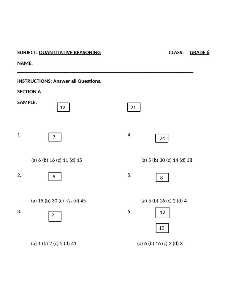 Grade 6 Quantitative Reasoning Test | PDF