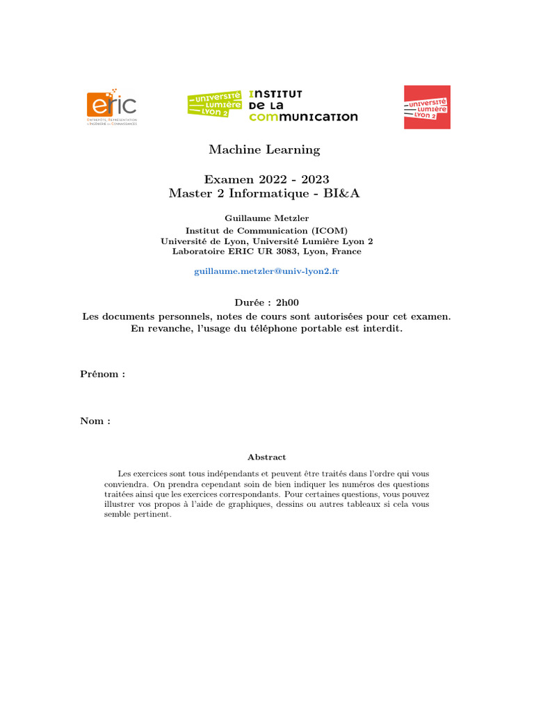 Examen Machine Learning 2022-2023 | PDF | Machine à vecteurs de support ...