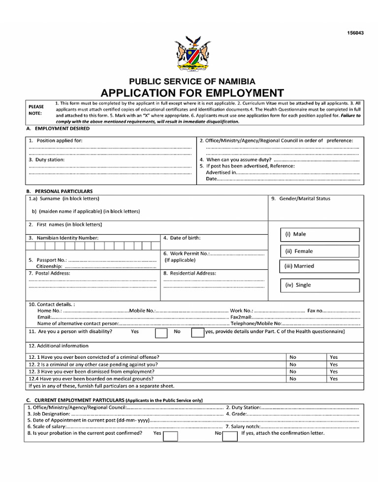 Application For Employment Amended-1 Namibian Government | PDF