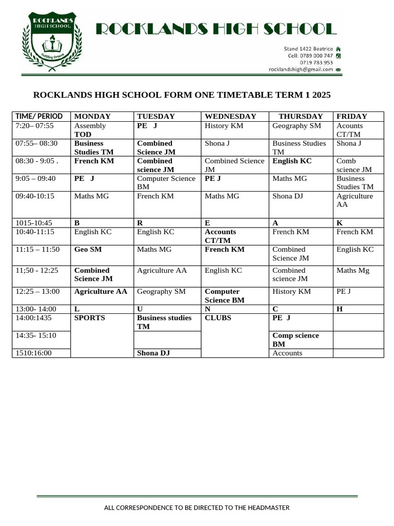 RHS TIMETABLE Form 1 2025 Term 1-1 | PDF