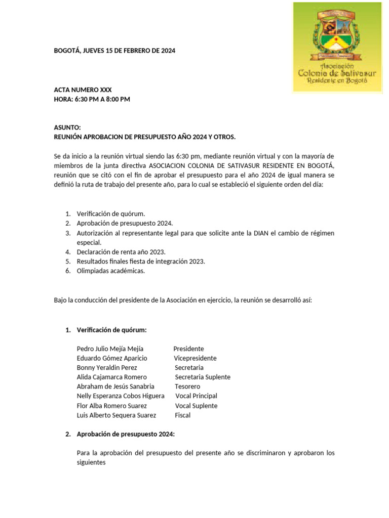 Acta Aprobacion de Presupuesto Año 2024 y Otros. | PDF | Contabilidad | Business