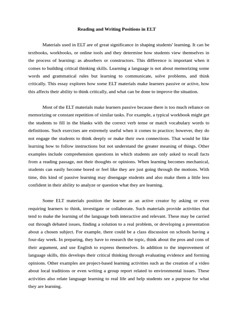 Critical Reading and Writing Essay | PDF | Learning | Critical Thinking