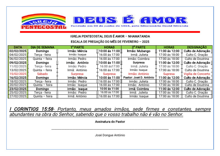 ESCALA DE PREGAÇÃO NHAMATANDA FEVEREIRO 2025 | PDF | Famílias ...