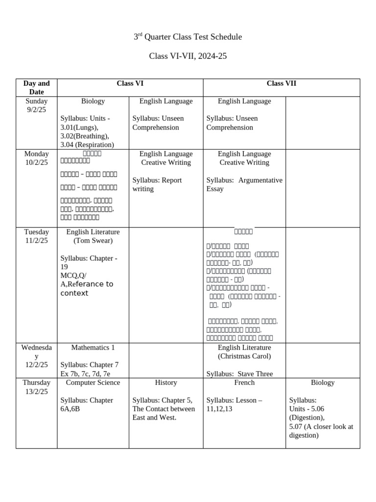3rd Quarter Class Test Schedule VI - VII 24-25 | PDF