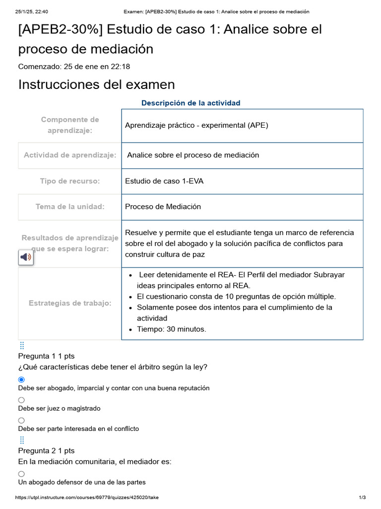 Examen - (APEB2-30%) Estudio de Caso 1 - Analice Sobre El Proceso de Mediación | PDF | Mediación ...