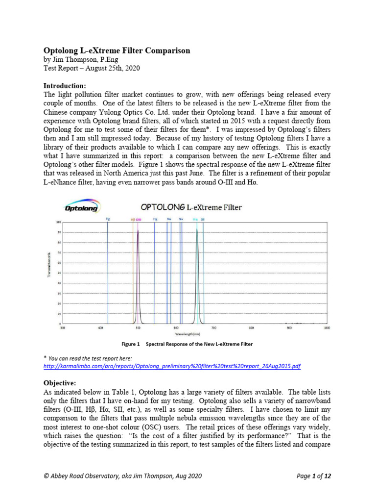 Test Report - Optolong L-eXtreme Filter - Aug2020 | PDF | Optical ...