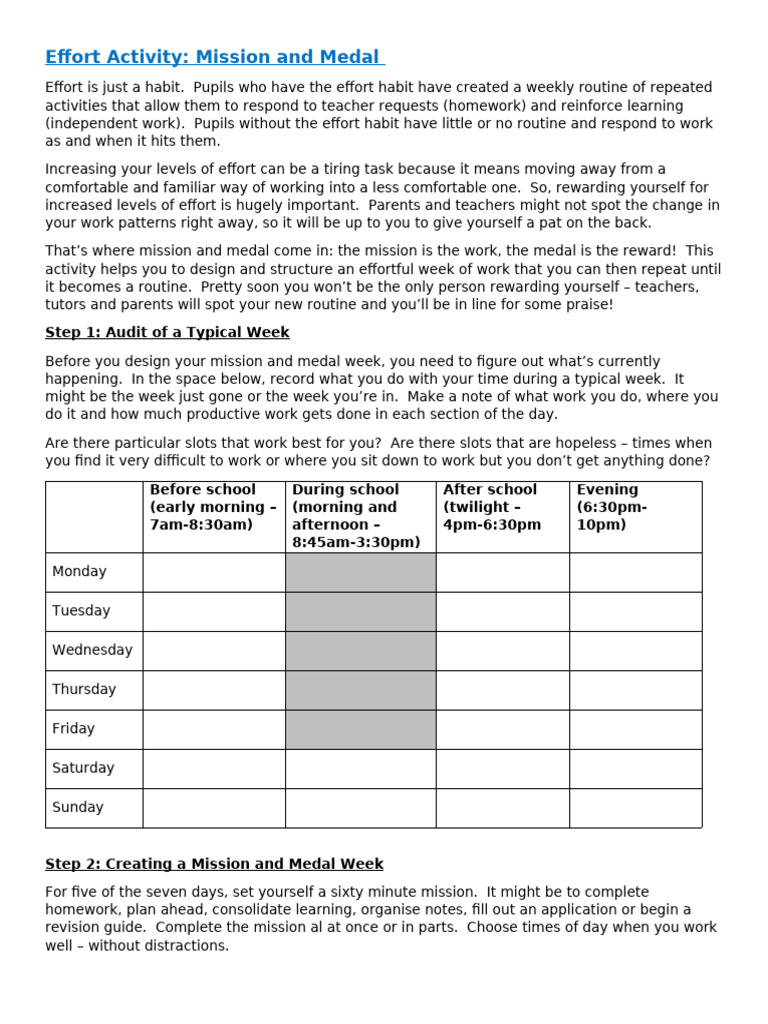 Effort Activity Mission and Medal | PDF | Habits