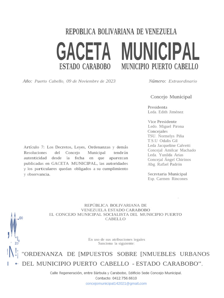 ORDENANZA DE IMPUESTOS SOBRE INMUEBLES URBANOS DEL MUNICIPIO PUERTO CABELLO ESTADO CARABOBO G.M ...