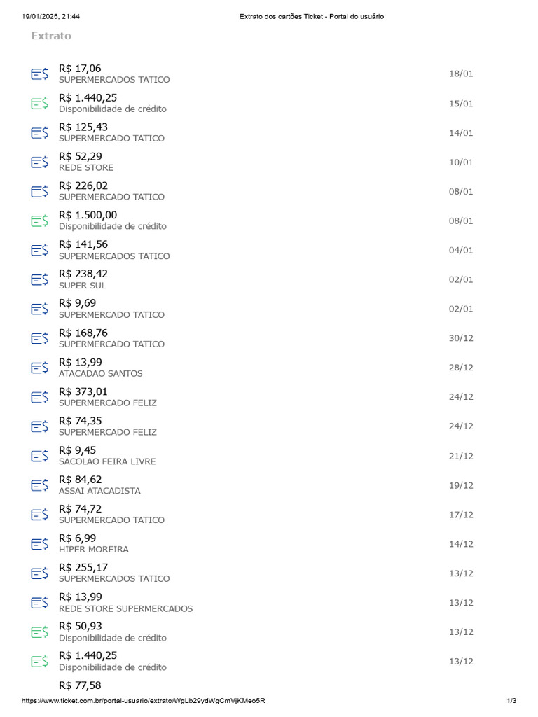 Extrato dos cartões Ticket - Portal do usuário | PDF