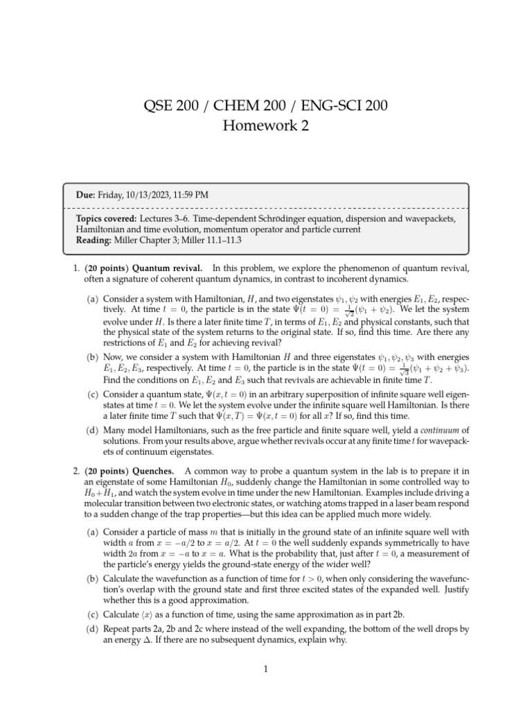 2023 QSE 200 CHEM 200 ENG SCI 200 Homework 2 | PDF | Hamiltonian ...