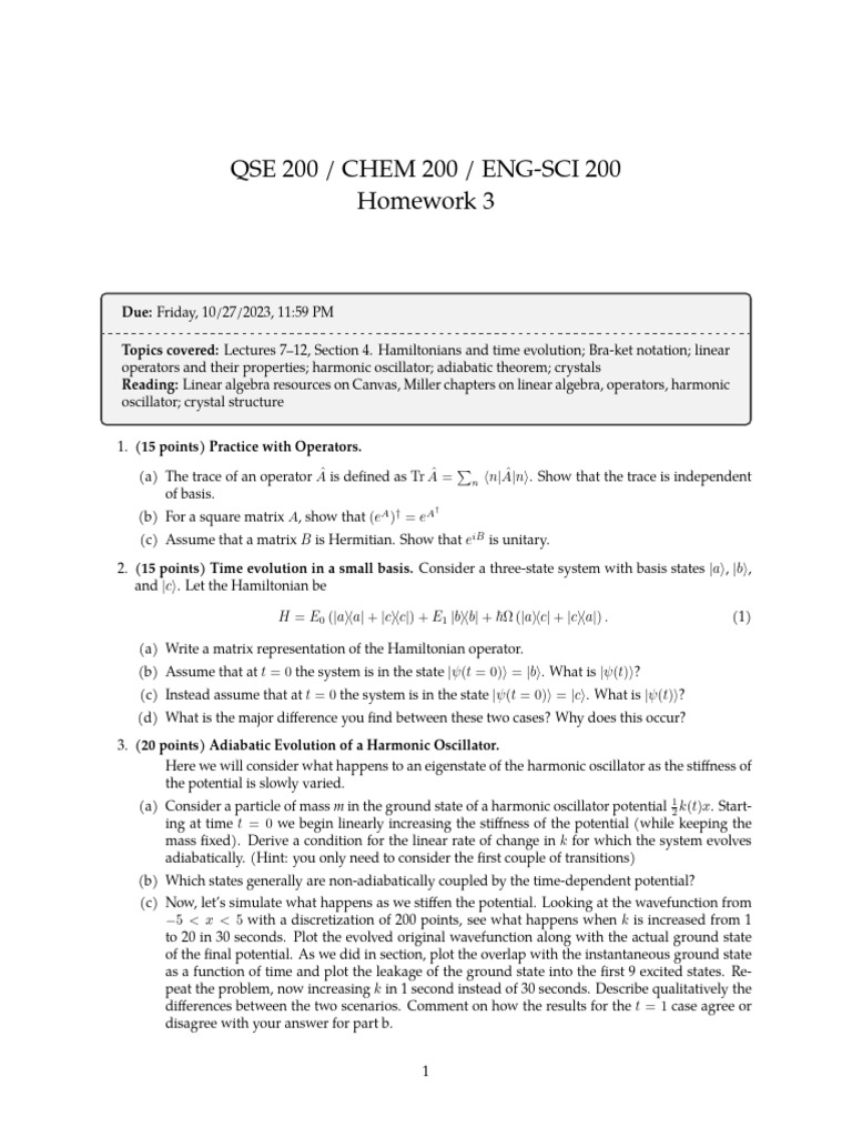 2023 QSE 200 CHEM 200 ENG SCI 200 Homework 3 | PDF | Hamiltonian (Quantum Mechanics ...