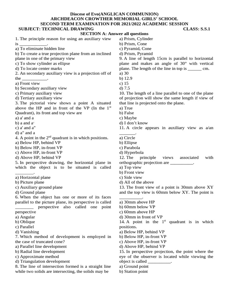 Technical Drawing Exam Questions S.S.1 | PDF | Perspective (Graphical ...