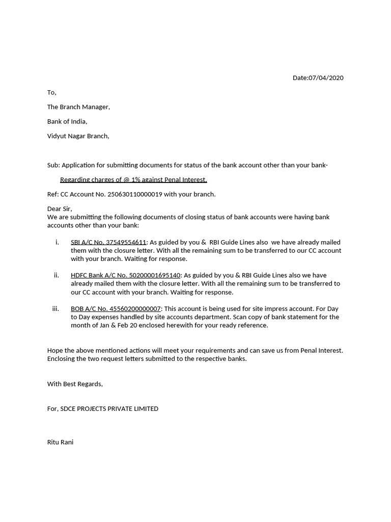 Cover Letter For Closure Accounts To BOI | PDF