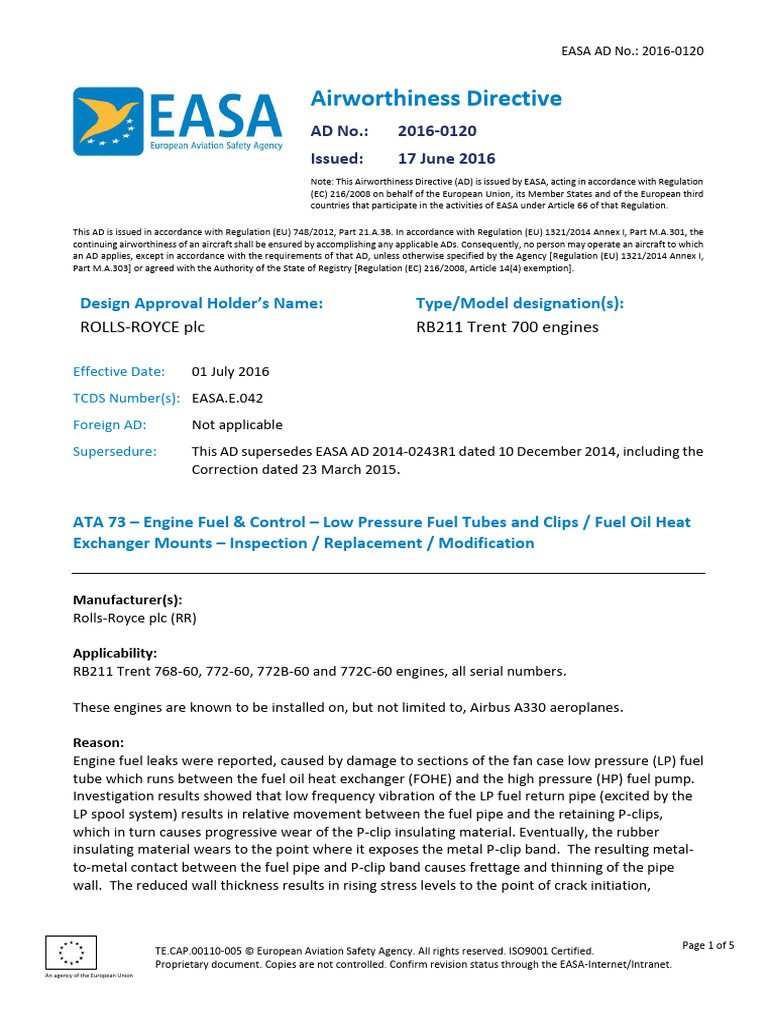 Easa Ad 2016-0120 1 | PDF