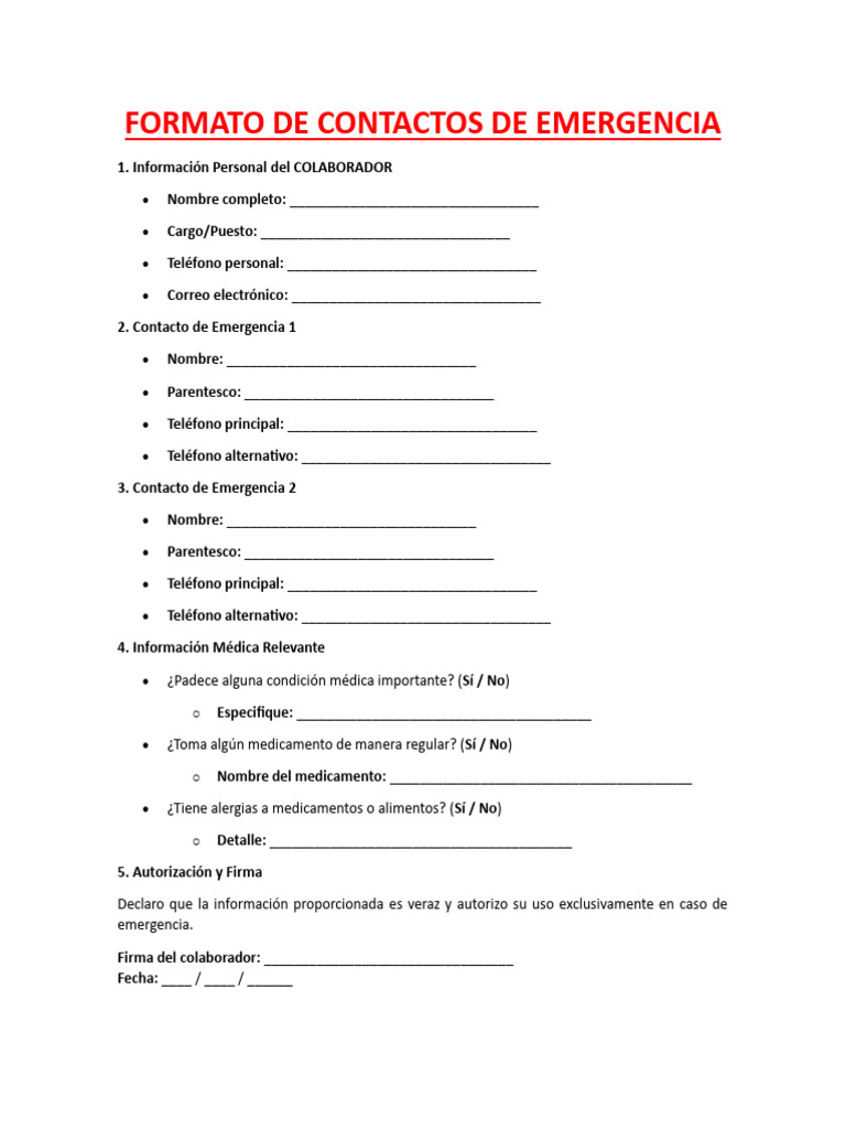 Formato de Contactos de Emergencia 2025 | PDF