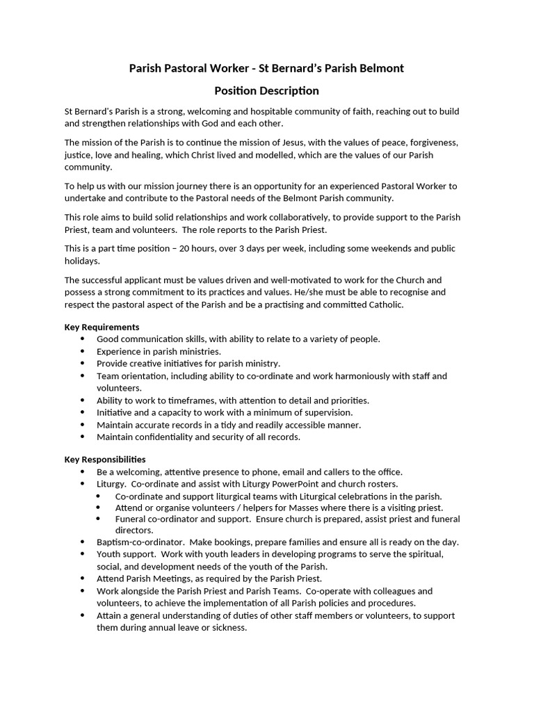 Pastoral Worker Position Description 03 11 22 | PDF | Parish | Priest