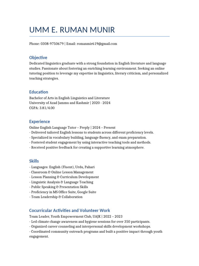 Revised CV Umm E Ruman Munir | PDF