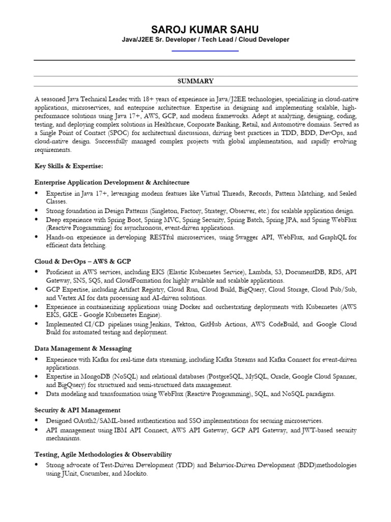 SAROJ KUMAR SAHU - Sr. Full Stack Cloud Developer Resume | PDF | Cloud Computing | Amazon Web ...