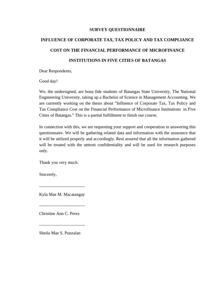 SURVEY-QUESTIONNAIRE - Tax | PDF | Microfinance | Taxes