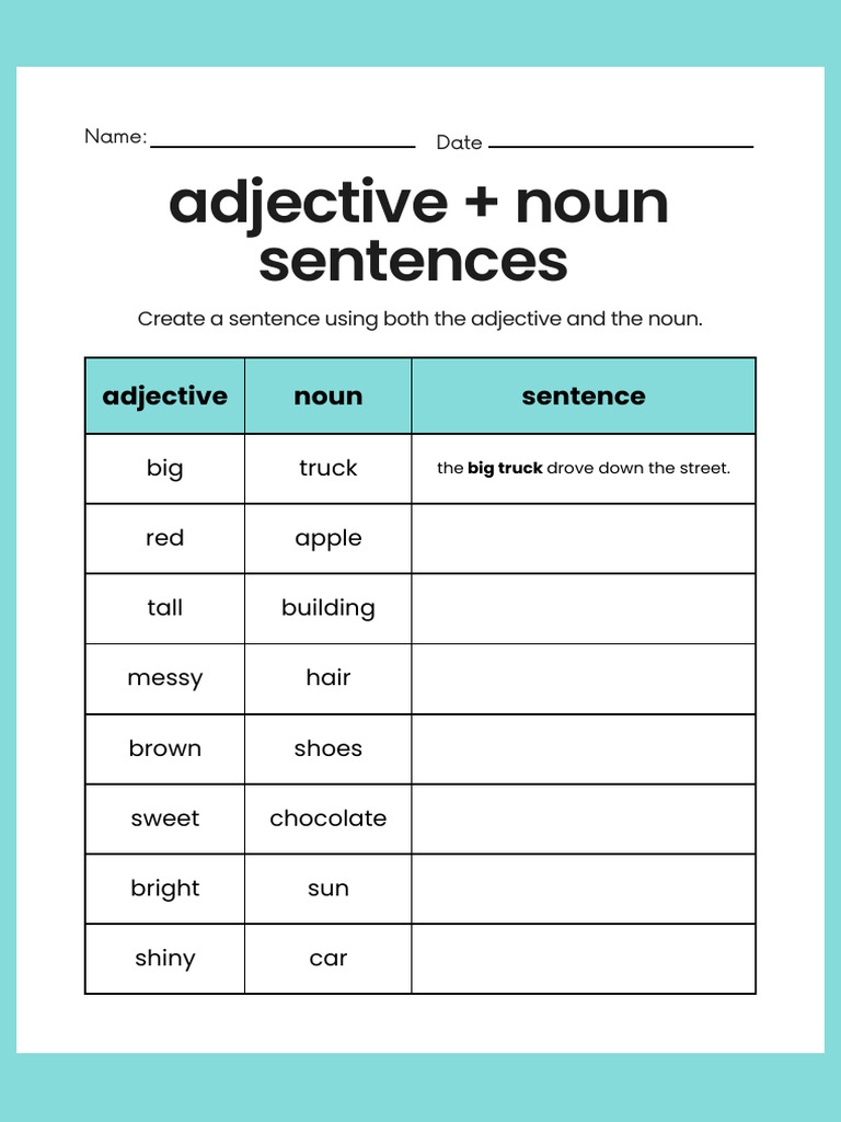 Blue White Adjective + Noun Sentences Worksheet | PDF