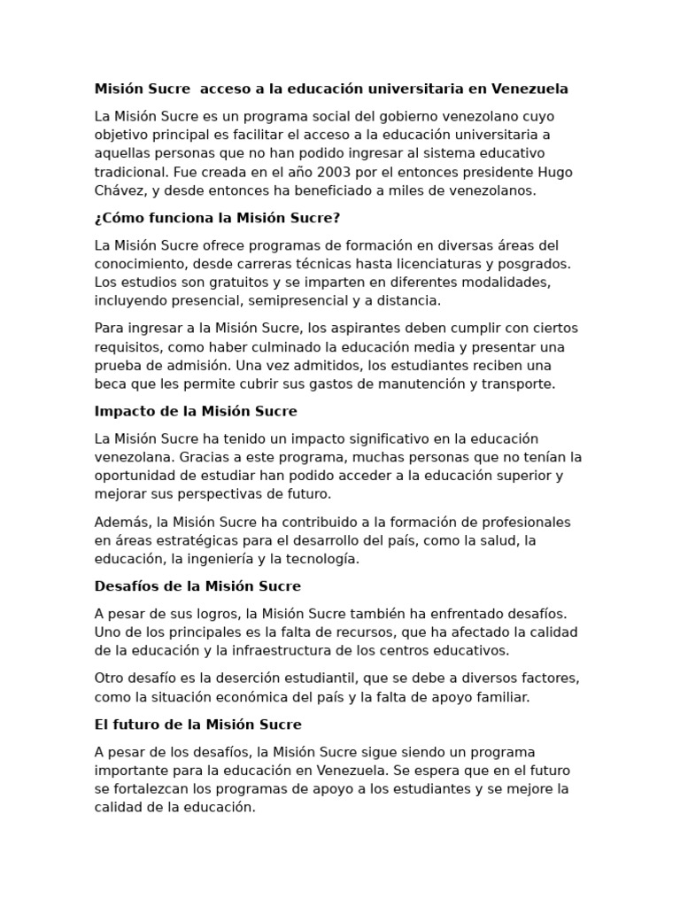 Misión Sucre Acceso A La Educación Universitaria en Venezuela | PDF