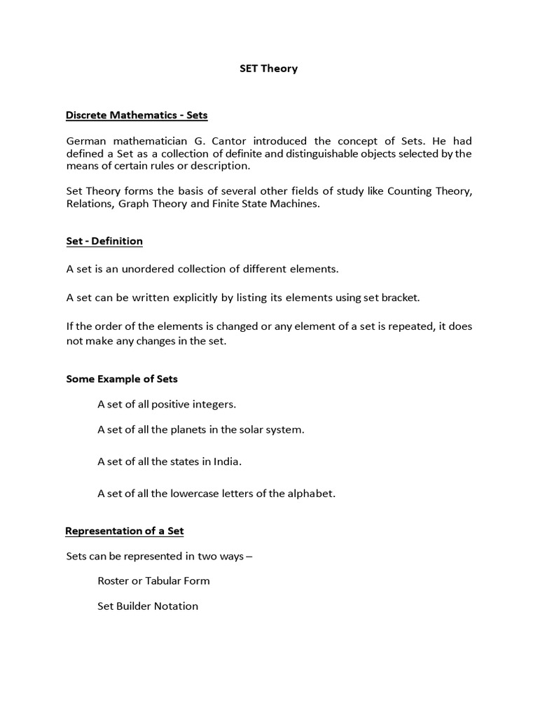 Unit 1 - Set Theory, Types of Sets, Set Operations | PDF | Set (Mathematics) | Subset