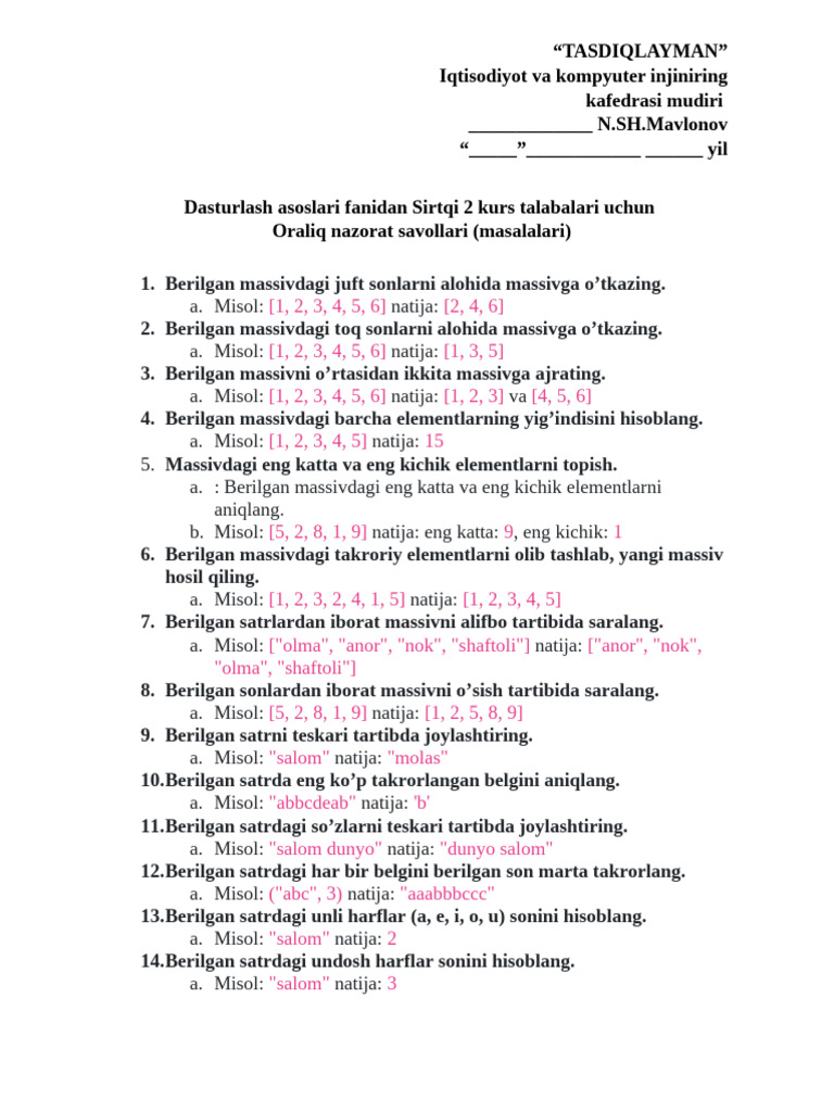 ON- Dasturlash asoslari -masala | PDF