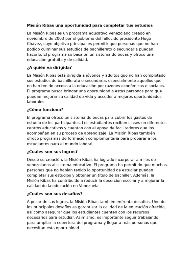 Misión Ribas Una Oportunidad para Completar Tus Estudios | PDF