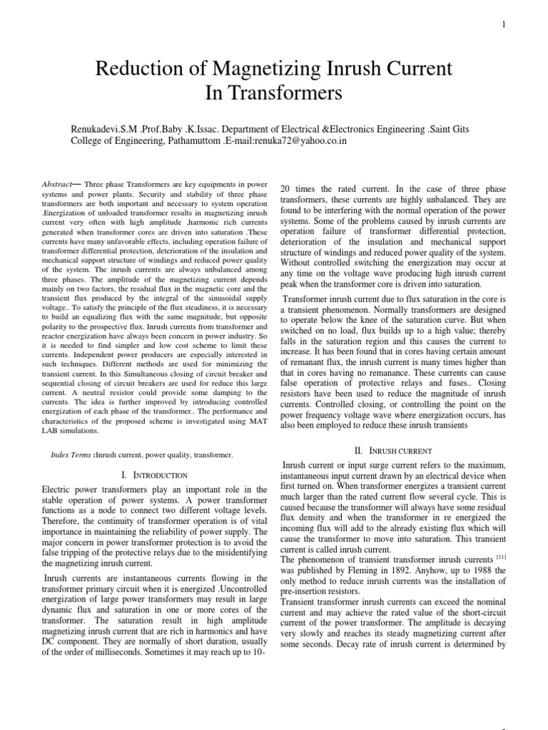 Reduction of Magnetizing Inrush Current | PDF | Transformer | Electric Current