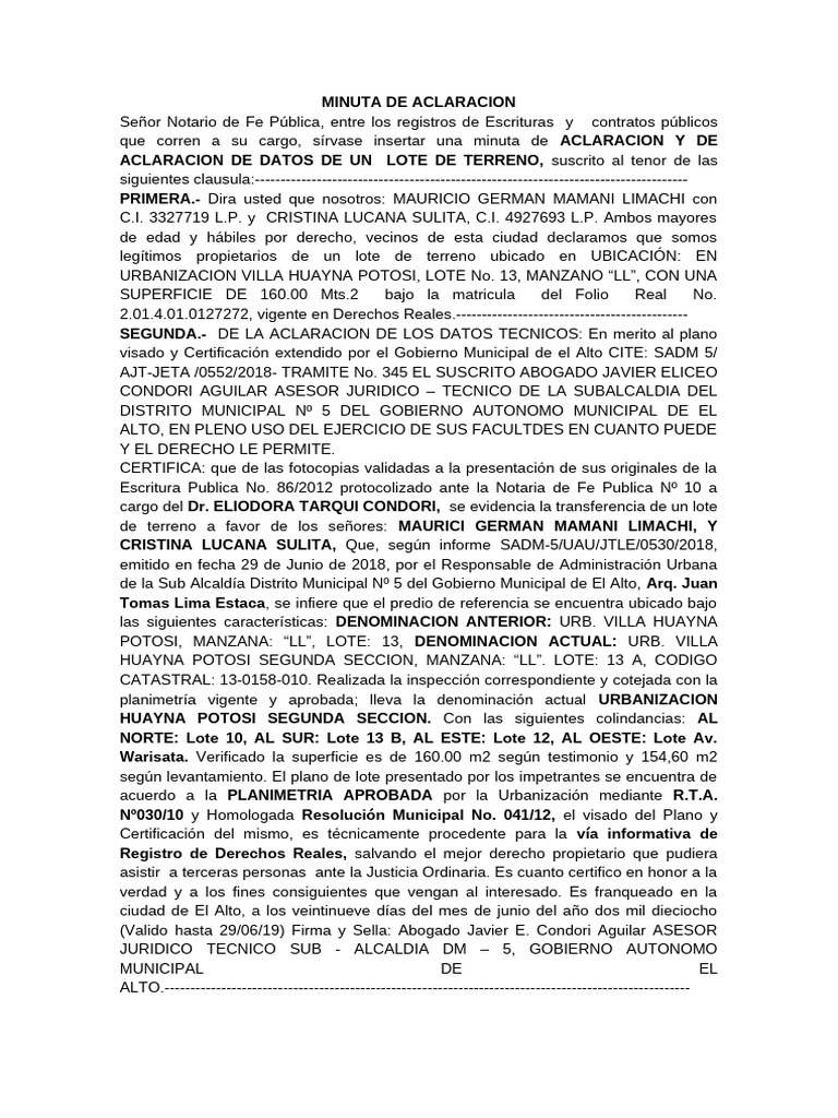 MINUTA DE ACLARAracion hector LUCANA | PDF | Derecho Civil (Common Law)