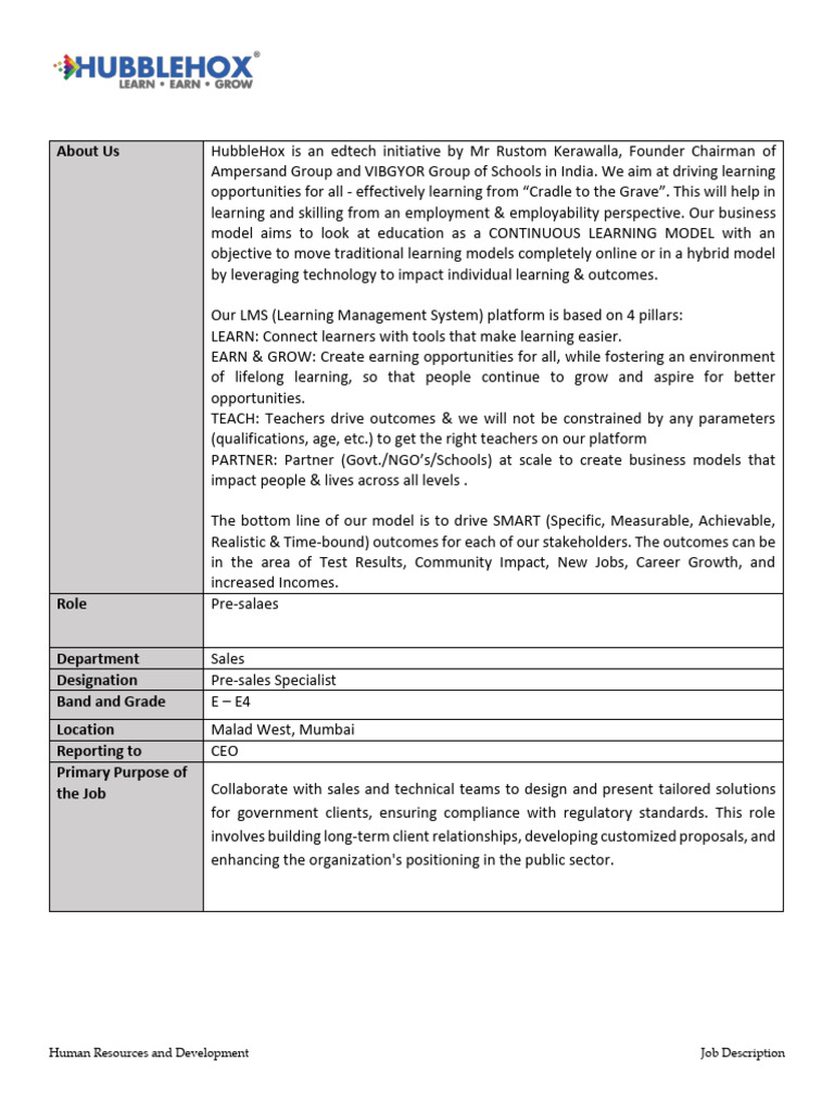 JD - Presales Specialist - HubbleHox | PDF | Educational Technology ...