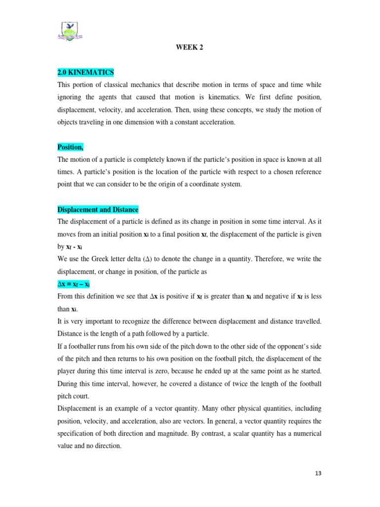 Lecture note_PHY 101 week 1 | PDF | Velocity | Acceleration