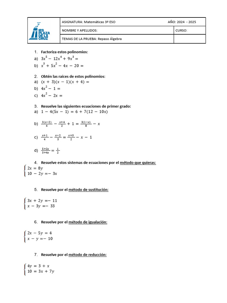 Ejercicios repaso Mates T4 | PDF | Factorización | Álgebra