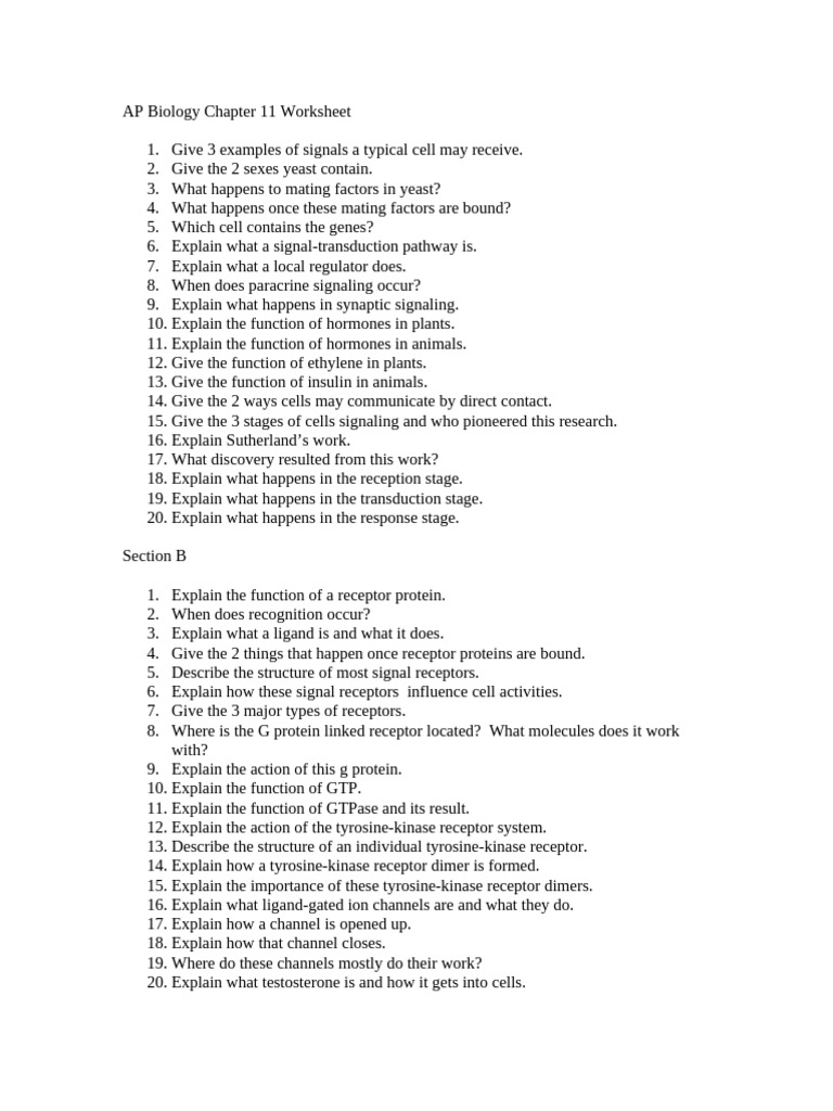 AP Biology Cell Signaling Worksheet | PDF | Signal Transduction | Cell ...