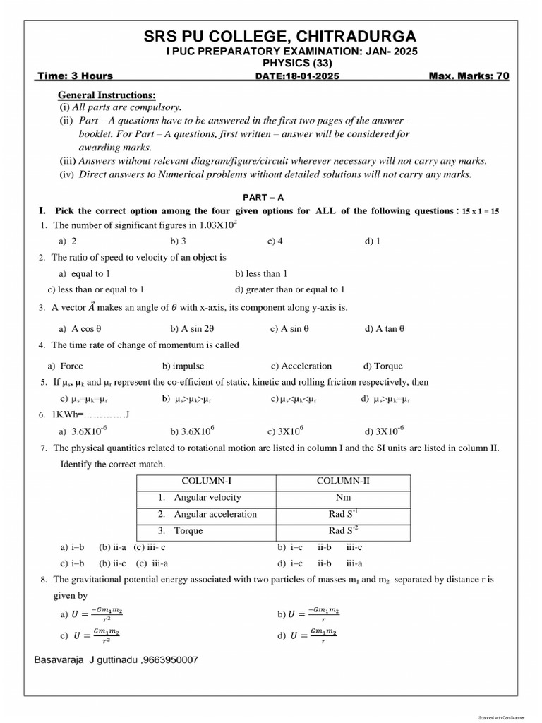 I Puc Physics Question Papers 2025 | PDF