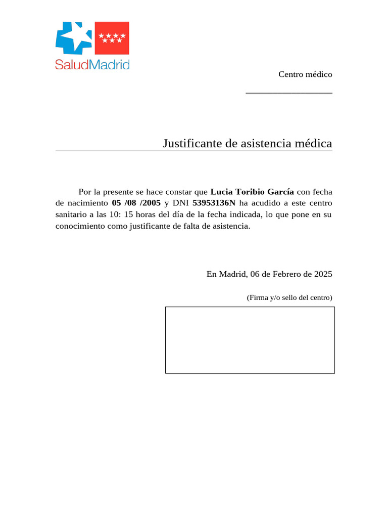 Justificante Médico Lucia Toribio | PDF
