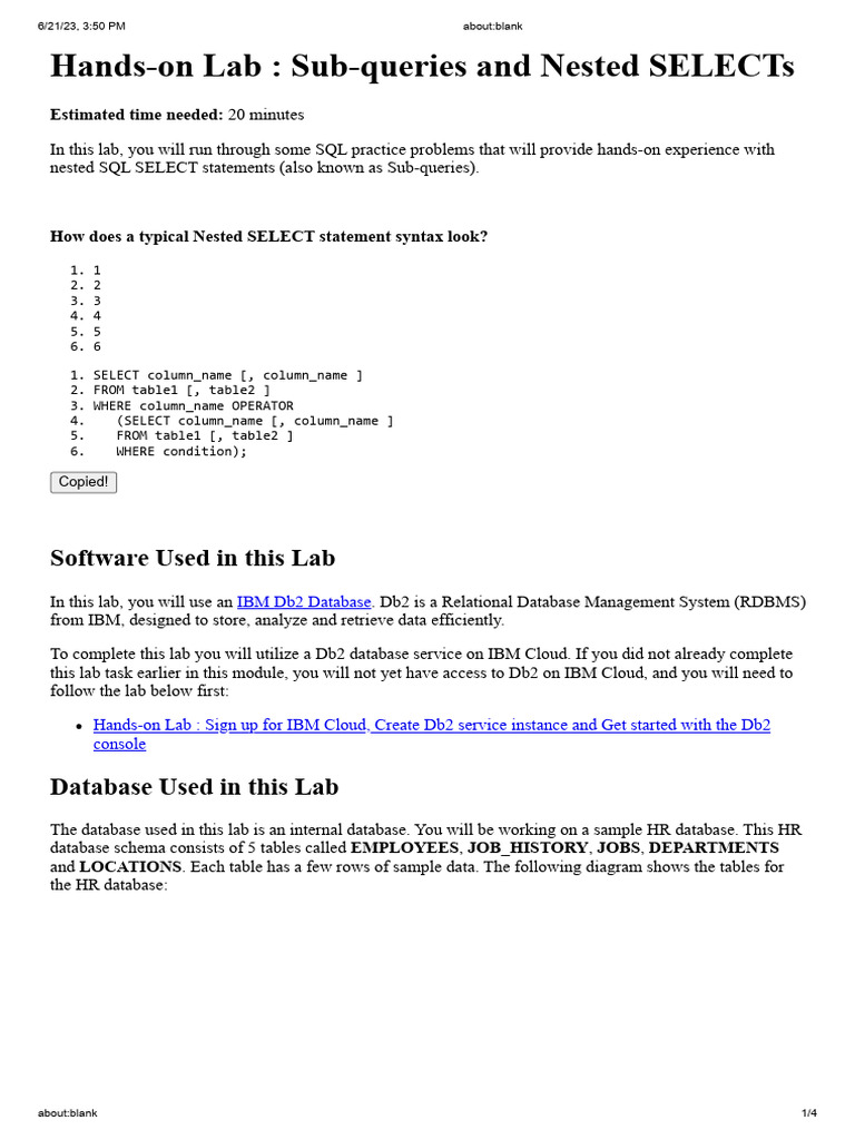 Optional Db2 Lab Sub Queries And Nested Selects Pdf Ibm Db2