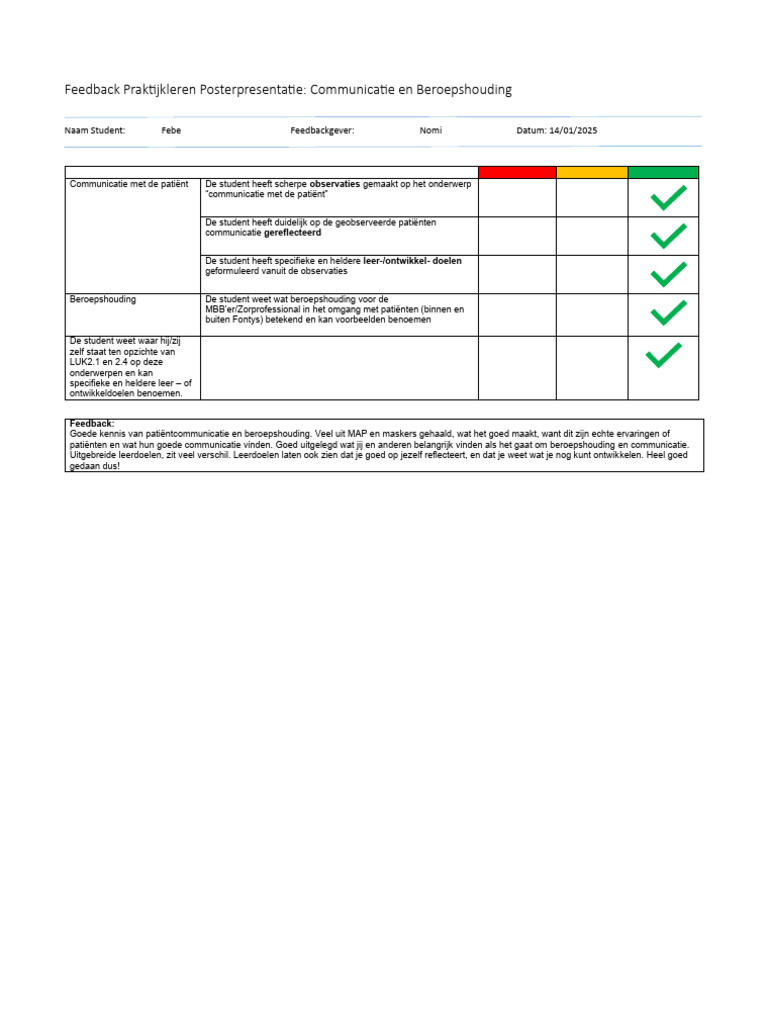 Feedbackformulier Praktijkleren Posterpresentatie Communicatie en Beroepshouding | PDF