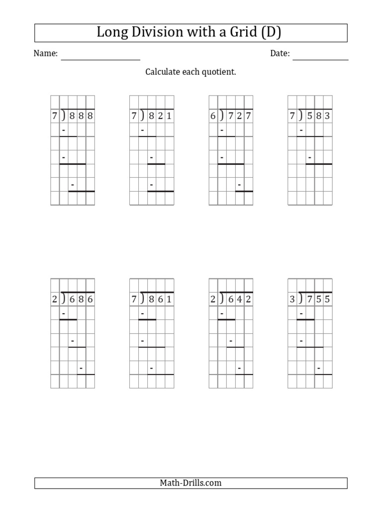 Division Long Grid 1digit Divisor 3digit Dividend Prompts Remainders ...