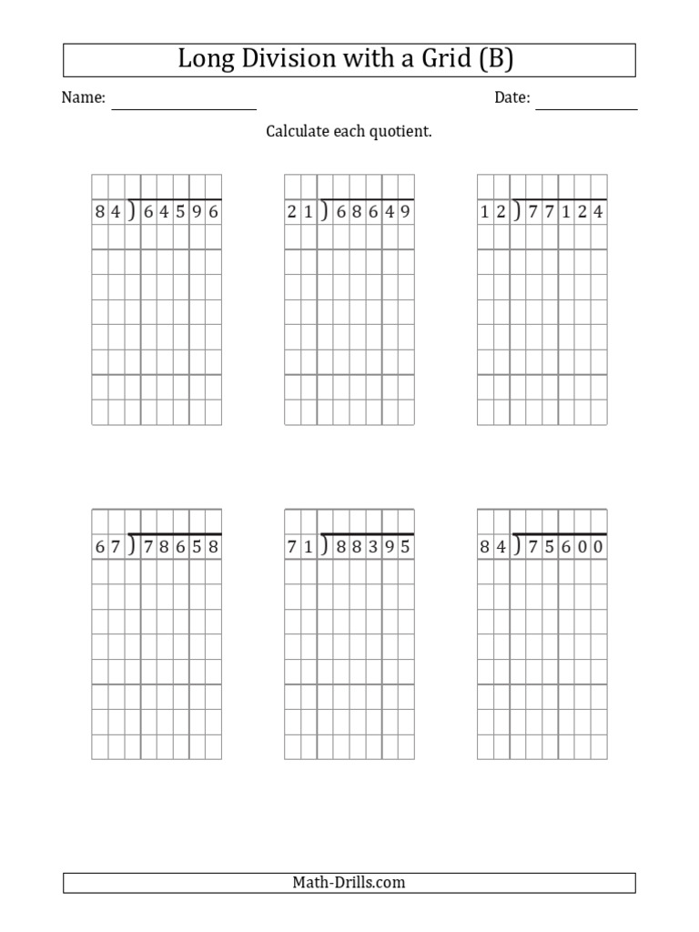 Division Long Grid 2digit Divisor 5digit Dividend No Remainders 002. ...
